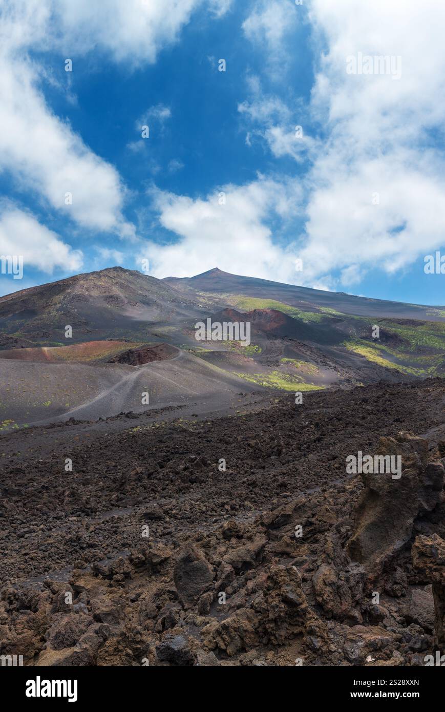 Stony magma fields between summer Etna volcano mountain craters, Sicily ...