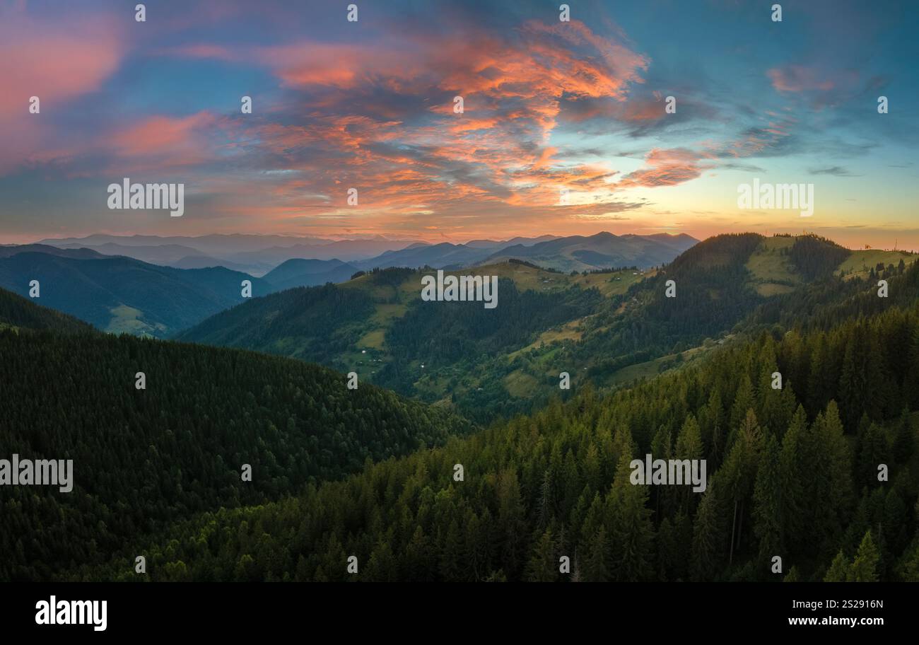 Aerial view of amazing mountain landscape. Bright colorful sunset in ...