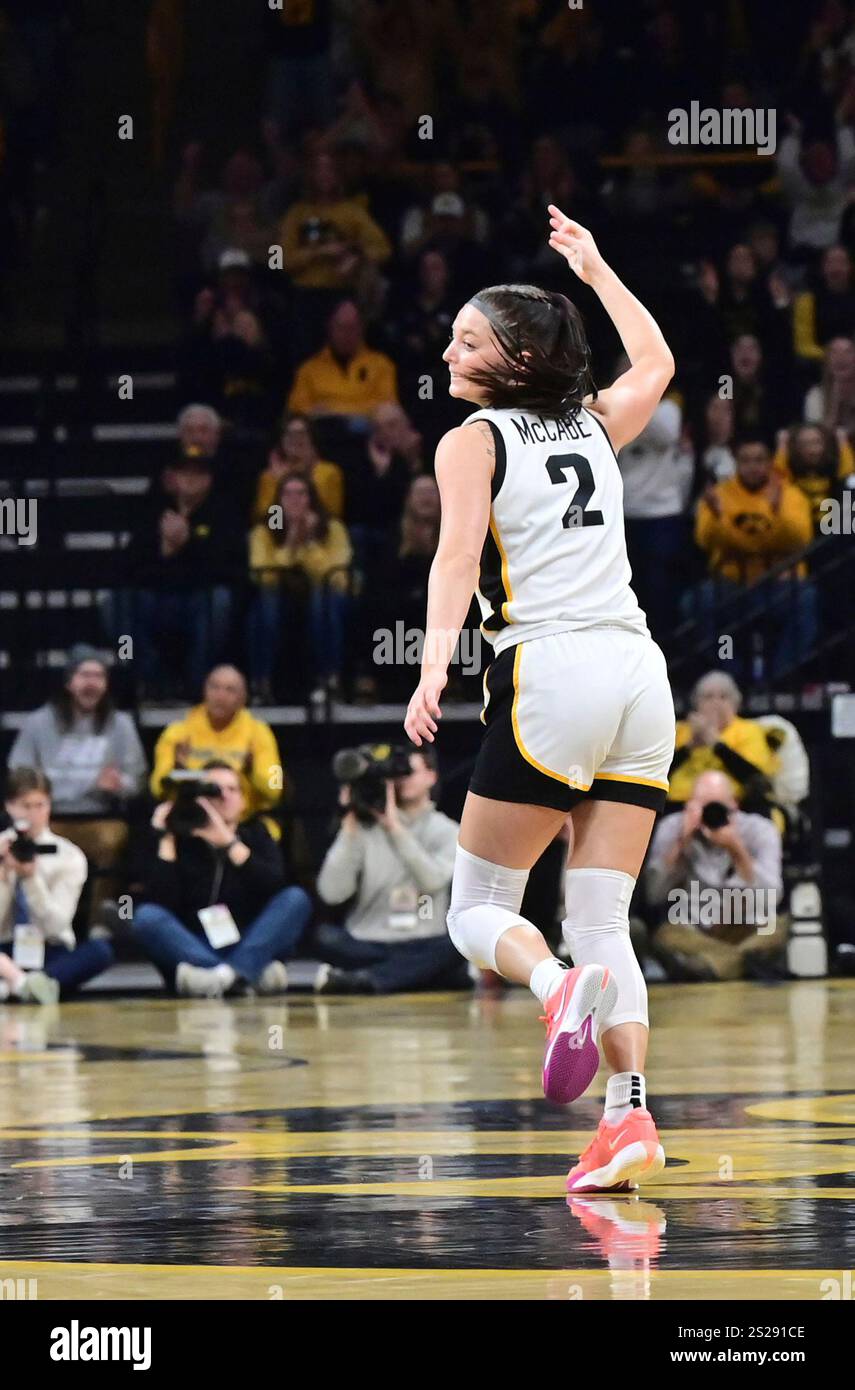 IOWA CITY, IA - JANUARY 05: Iowa guard Taylor McCabe (2) reacts after ...