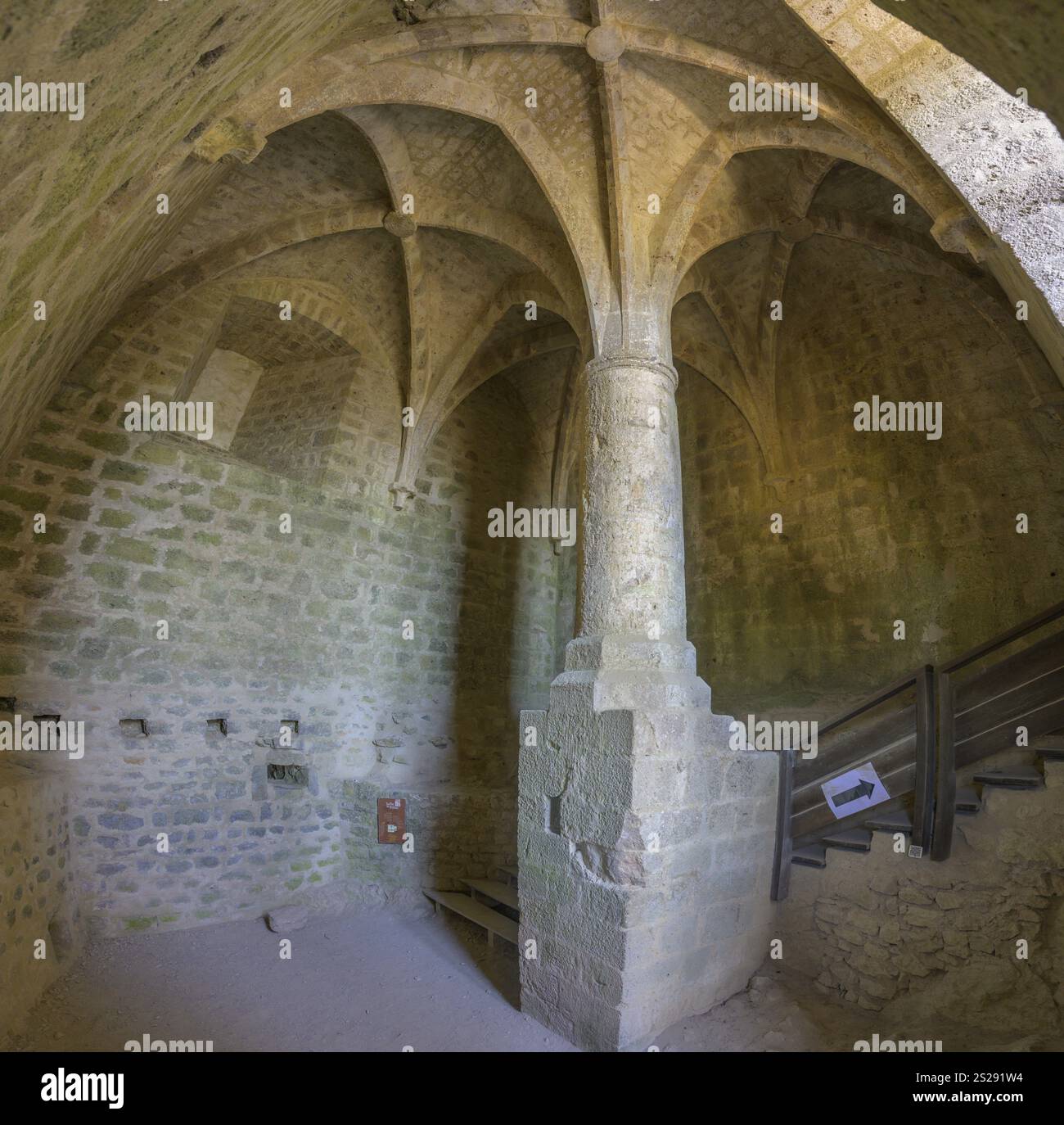 High room with ribbed vault in the Cathar castle of Queribus, Cucugnan ...