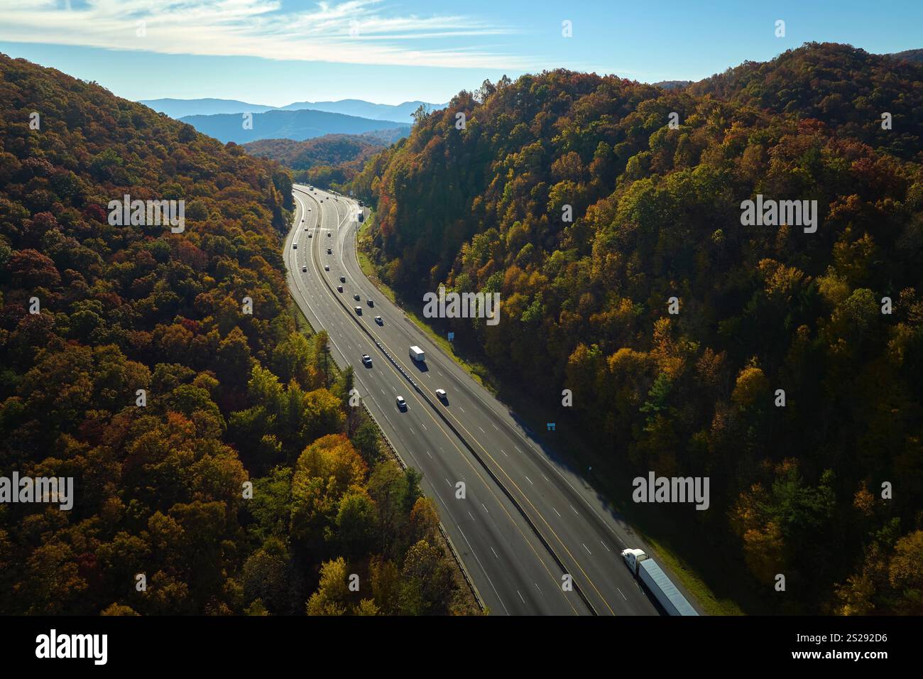 Aerial view of I-40 freeway in North Carolina leading to Asheville ...