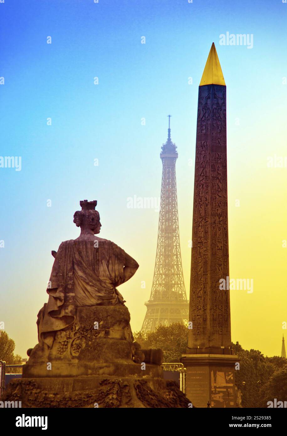 Paris, France. Place de la Concorde. Obelisk and Eiffel Tower, the ...