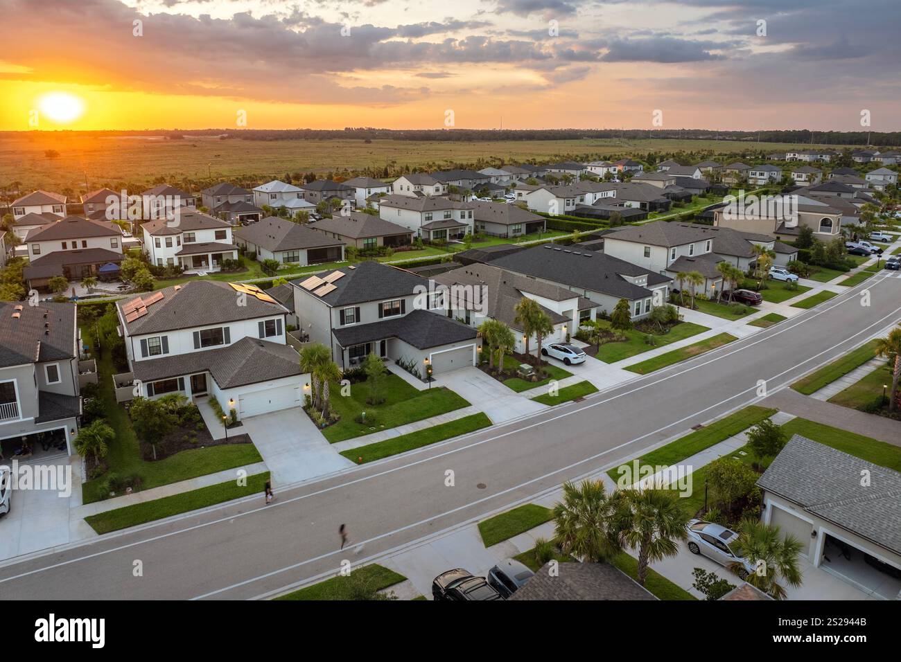 American gated community houses in rural US suburbs. View from above of ...