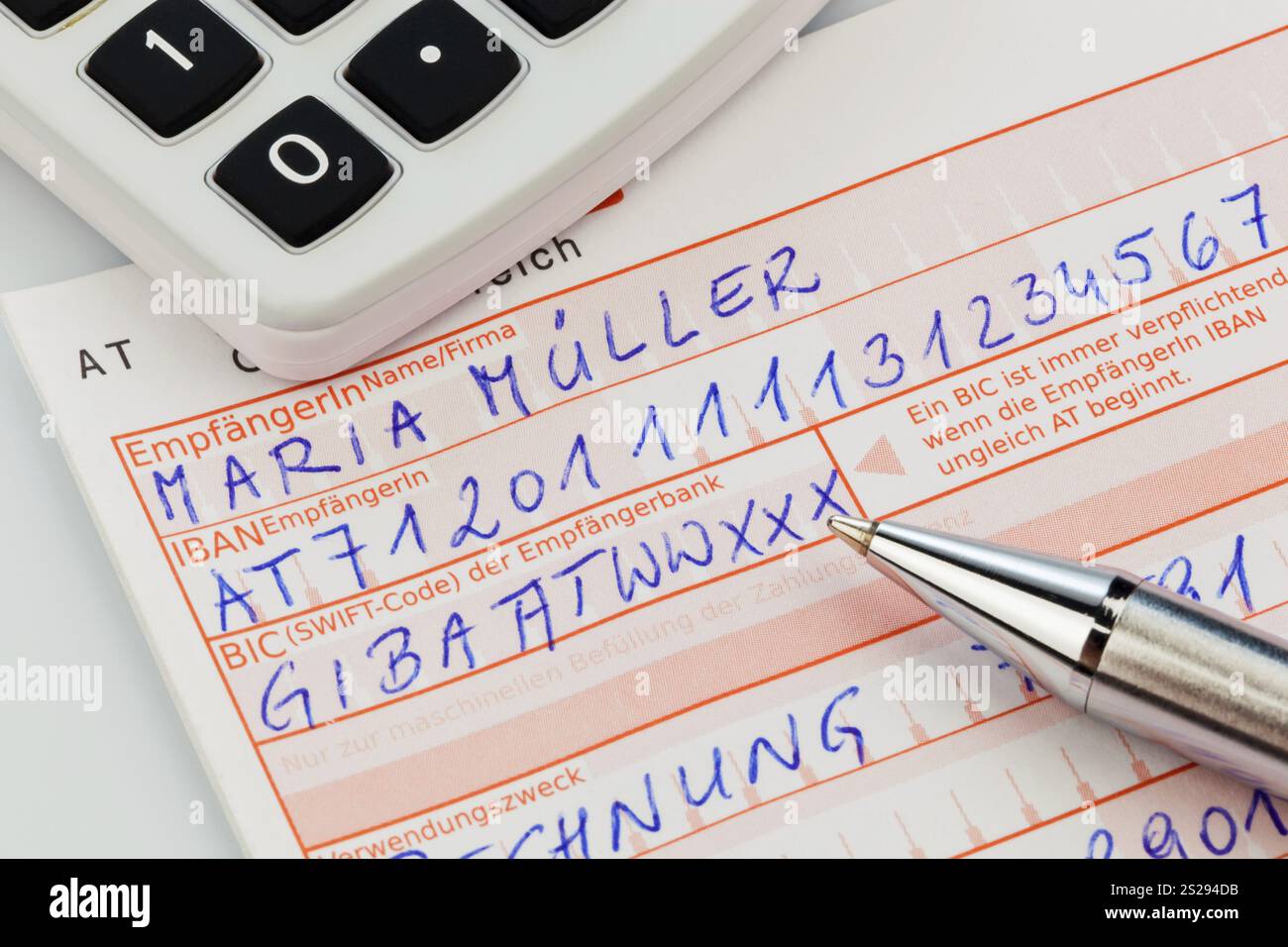 A payment slip for bank transfer or cash deposit with IBAN and BIC code from Austria. Austria ...