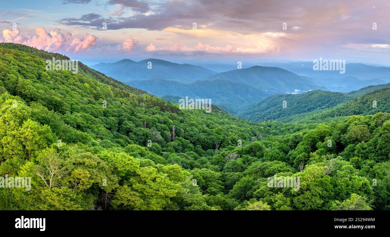 Bright sunrise in North Carolina Appalachian mountains in summer season ...