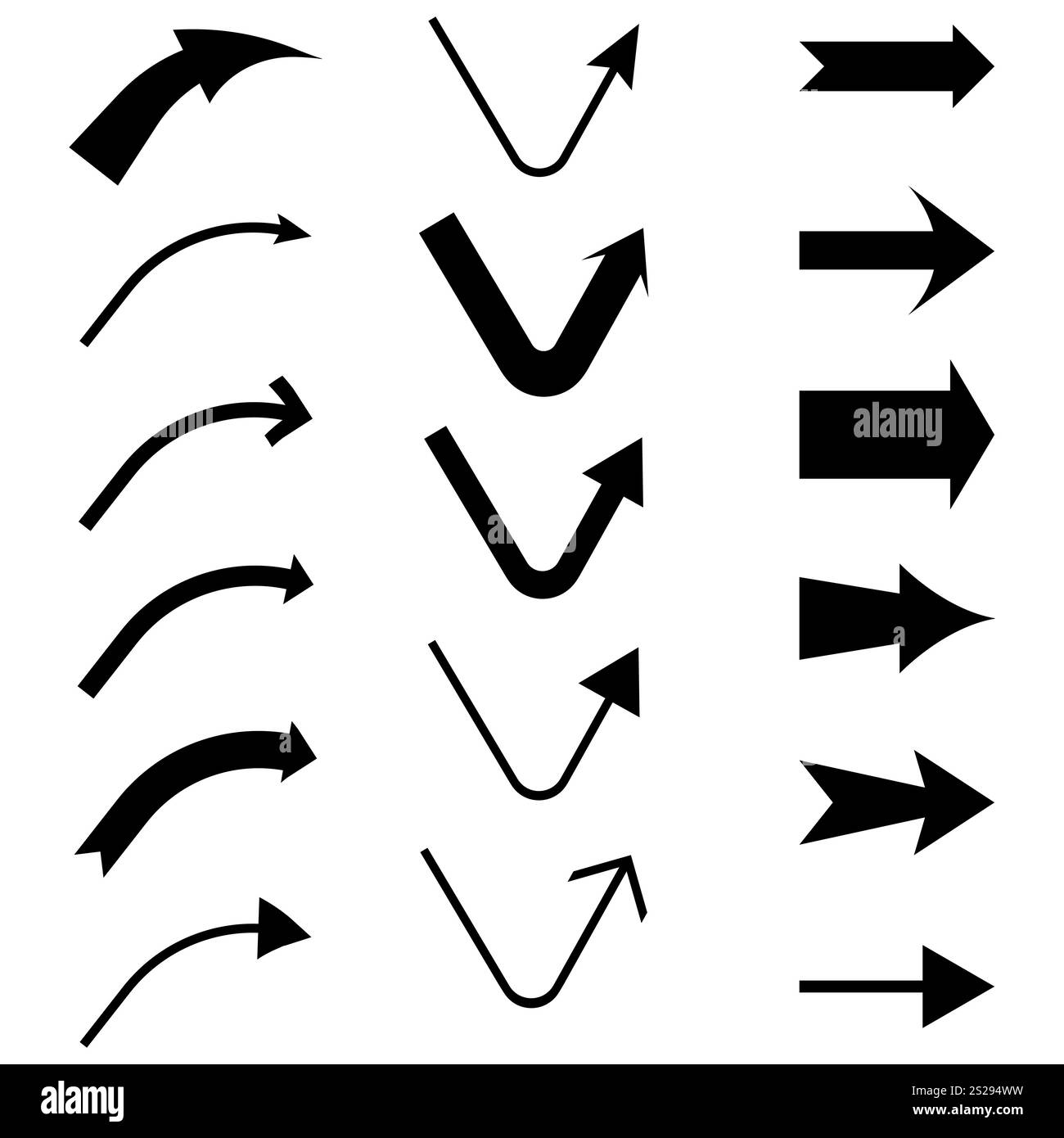 Arrow variations set. Curved and straight forms. Geometric path styles. Minimal vector graphic ...