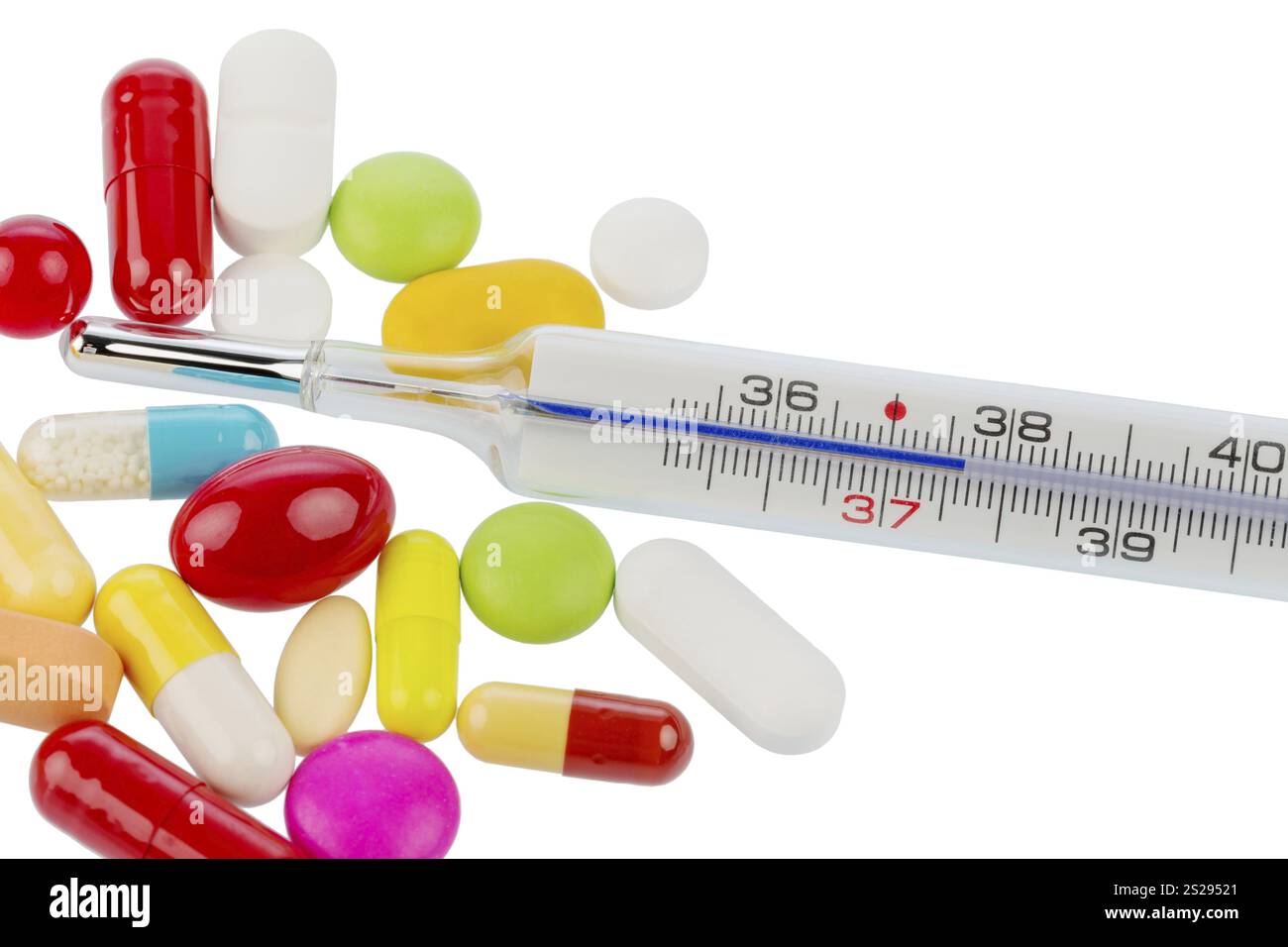 Clinical thermometer and tablets, symbolic photo for illness and ...