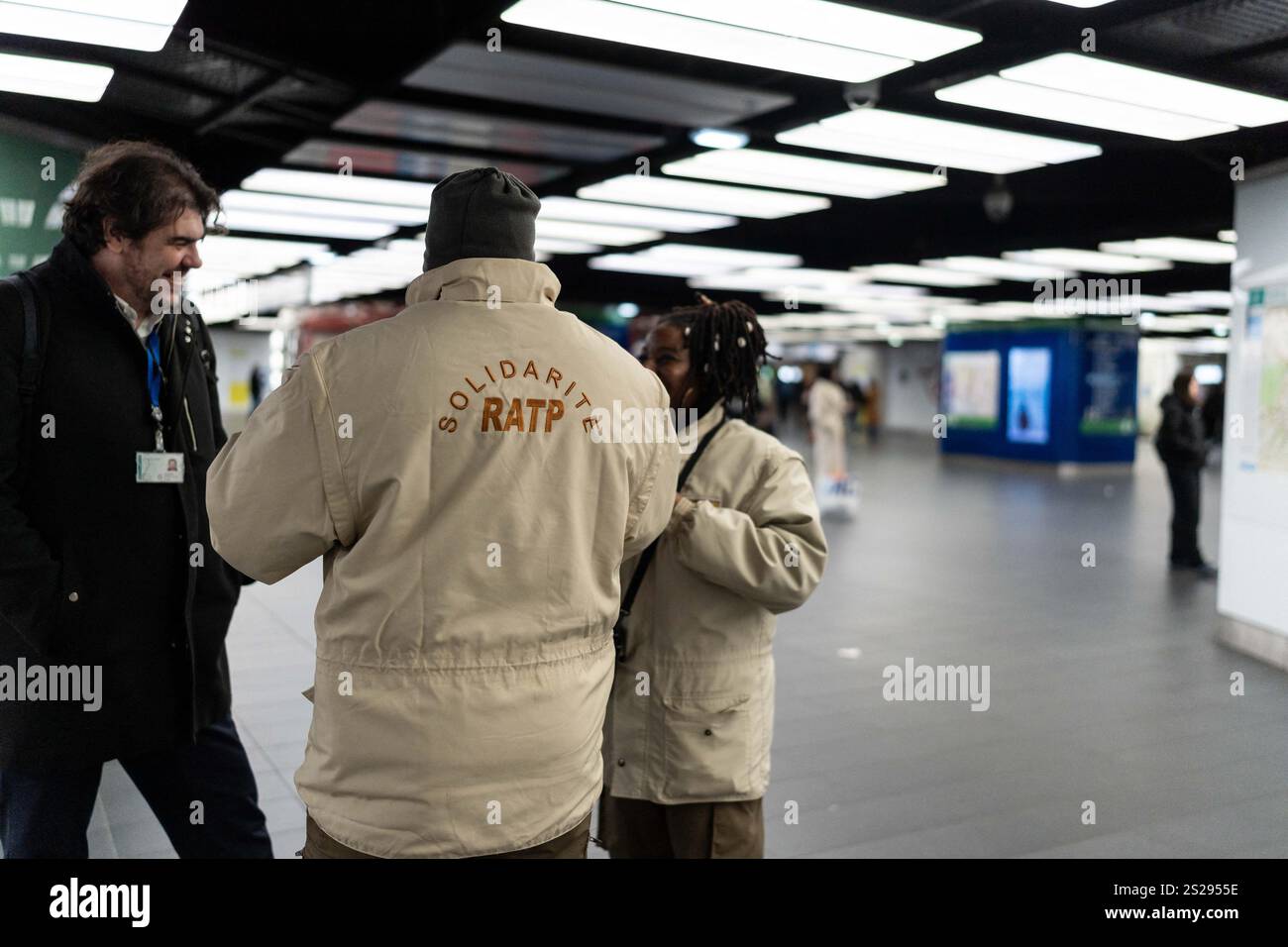 Paris, France. 06th Jan, 2025. RATP Solidarite agents during a visit by the French Minister of ...
