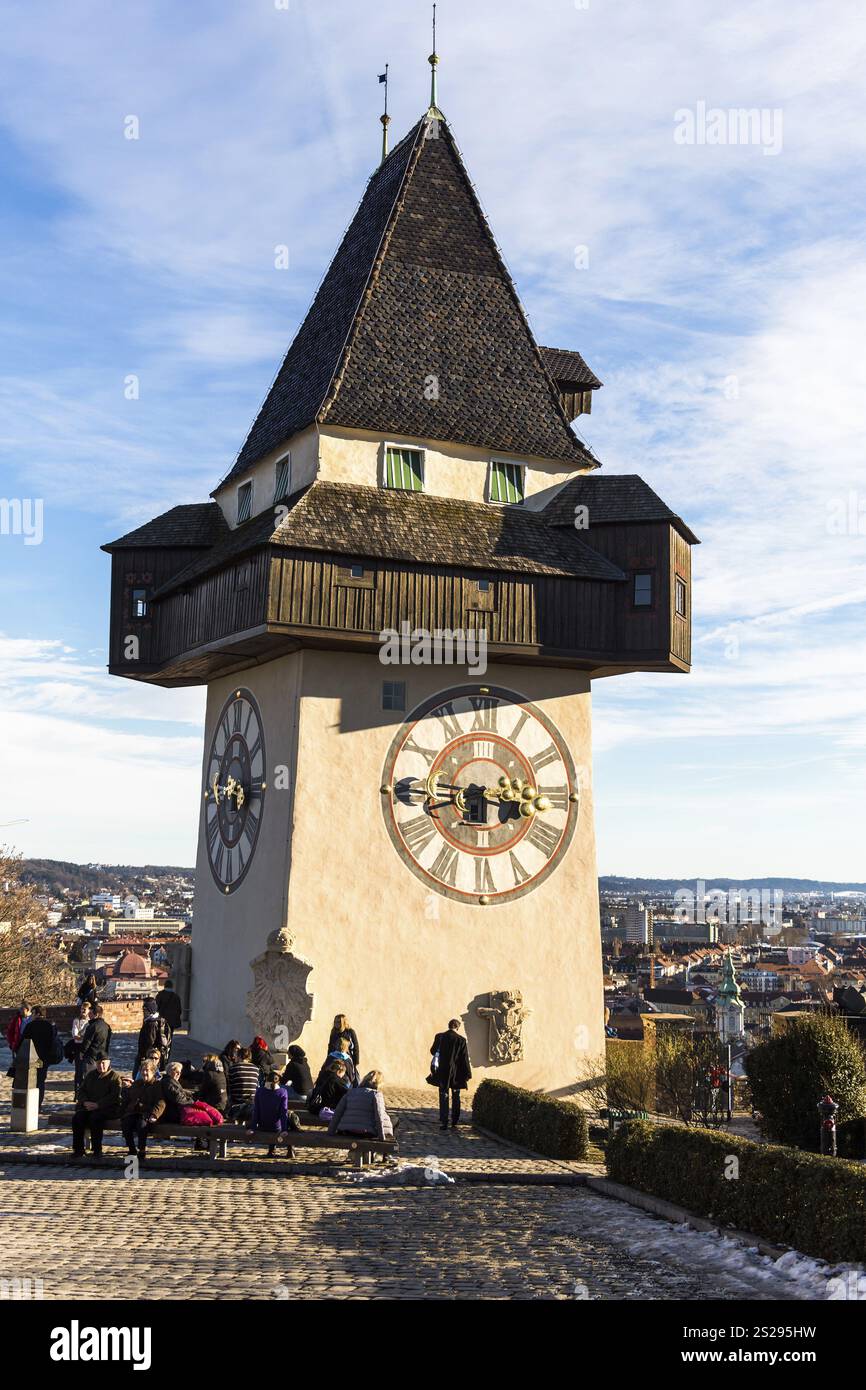 The clock tower is the landmark of the city of Graz. Capital of the ...