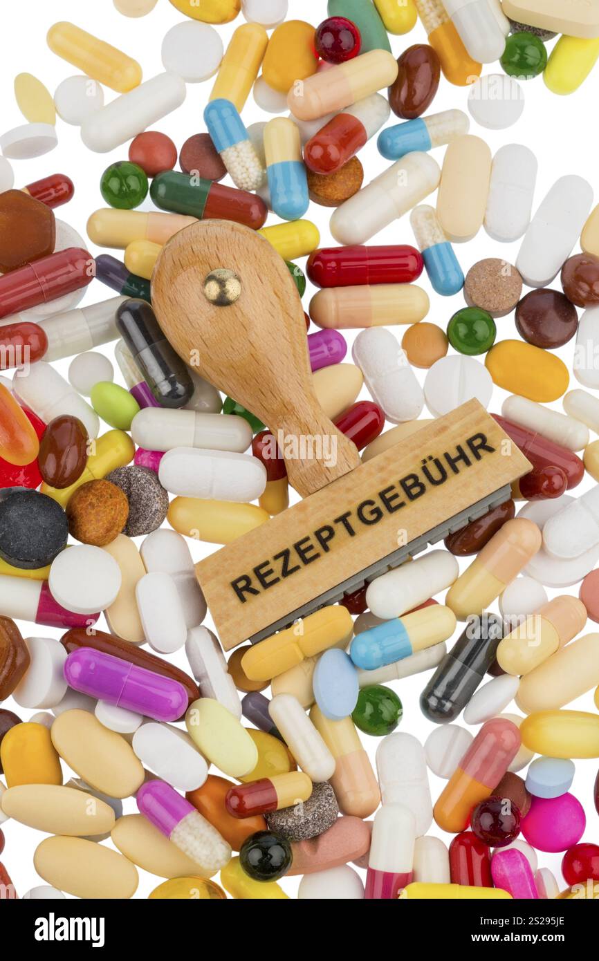 Stamp on coloured tablets, symbol photo for medication, prescription ...