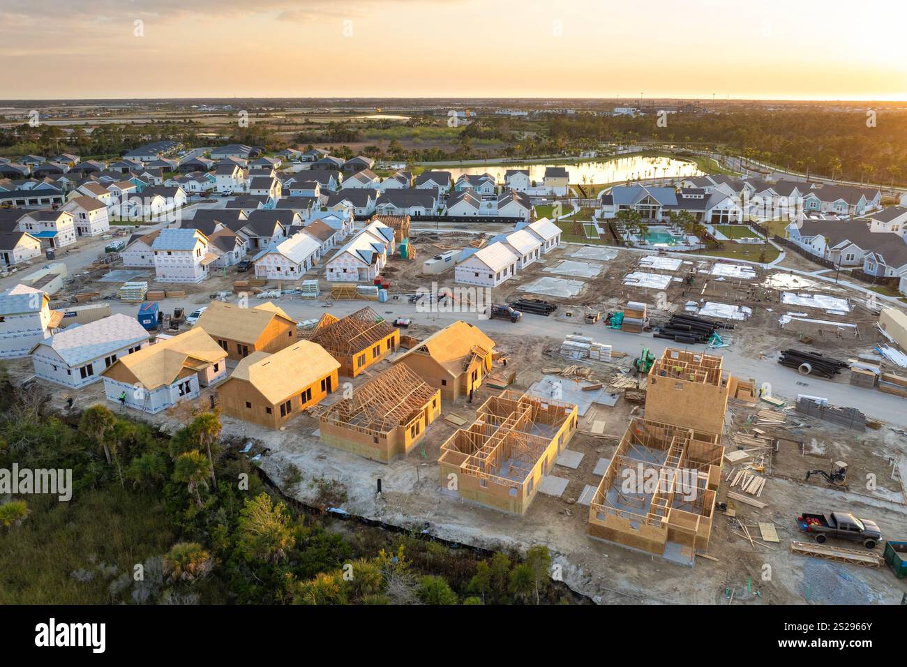 Development of residential housing in the USA. Wooden frames of new ...