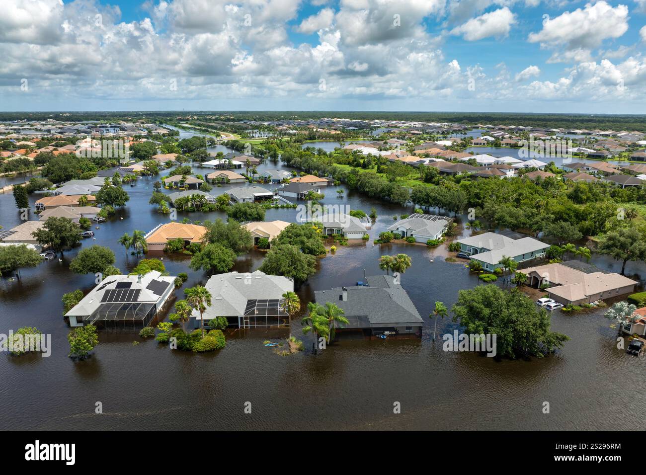 Flooded residential area with underwater houses from hurricane rainfall ...