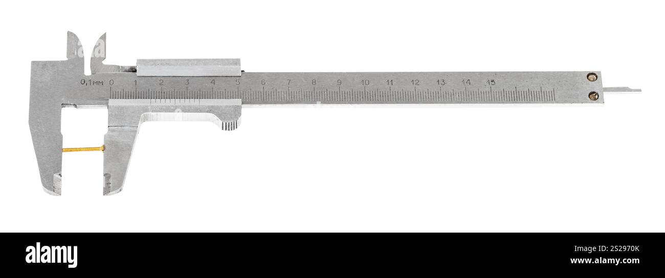 top view of old steel calipers measures brass screw isolated on white ...