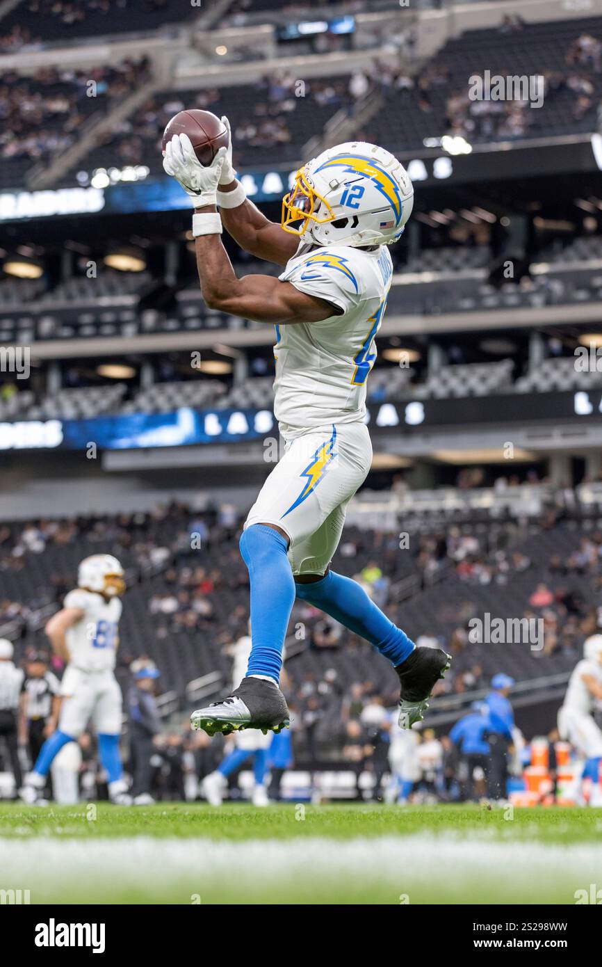 Los Angeles Chargers wide receiver Derius Davis (12) warms up before ...