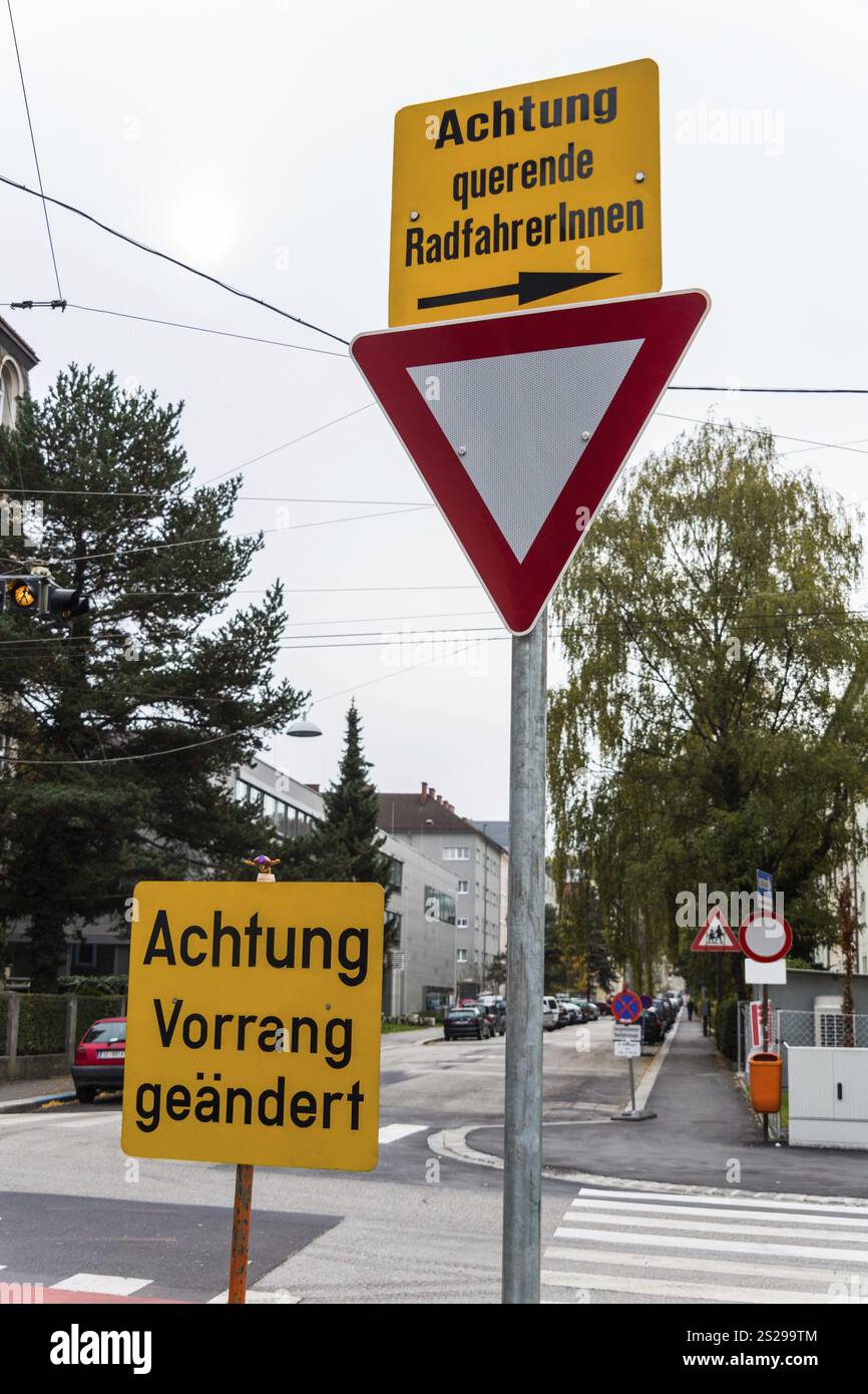 Traffic signs, attention, modified right of way, priority for cyclists ...