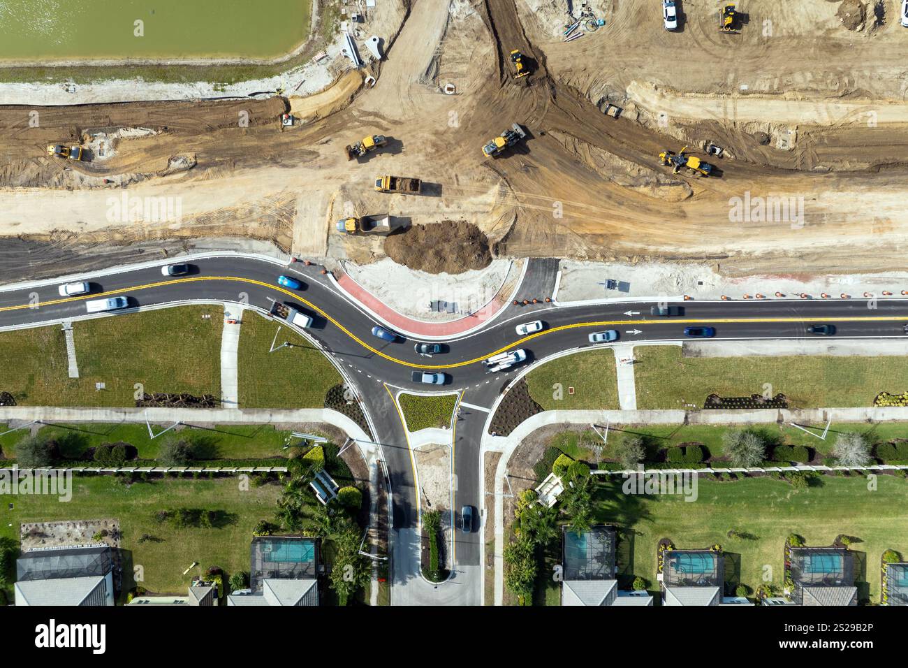 Roundabout construction roadworks on American transport infrastructure ...