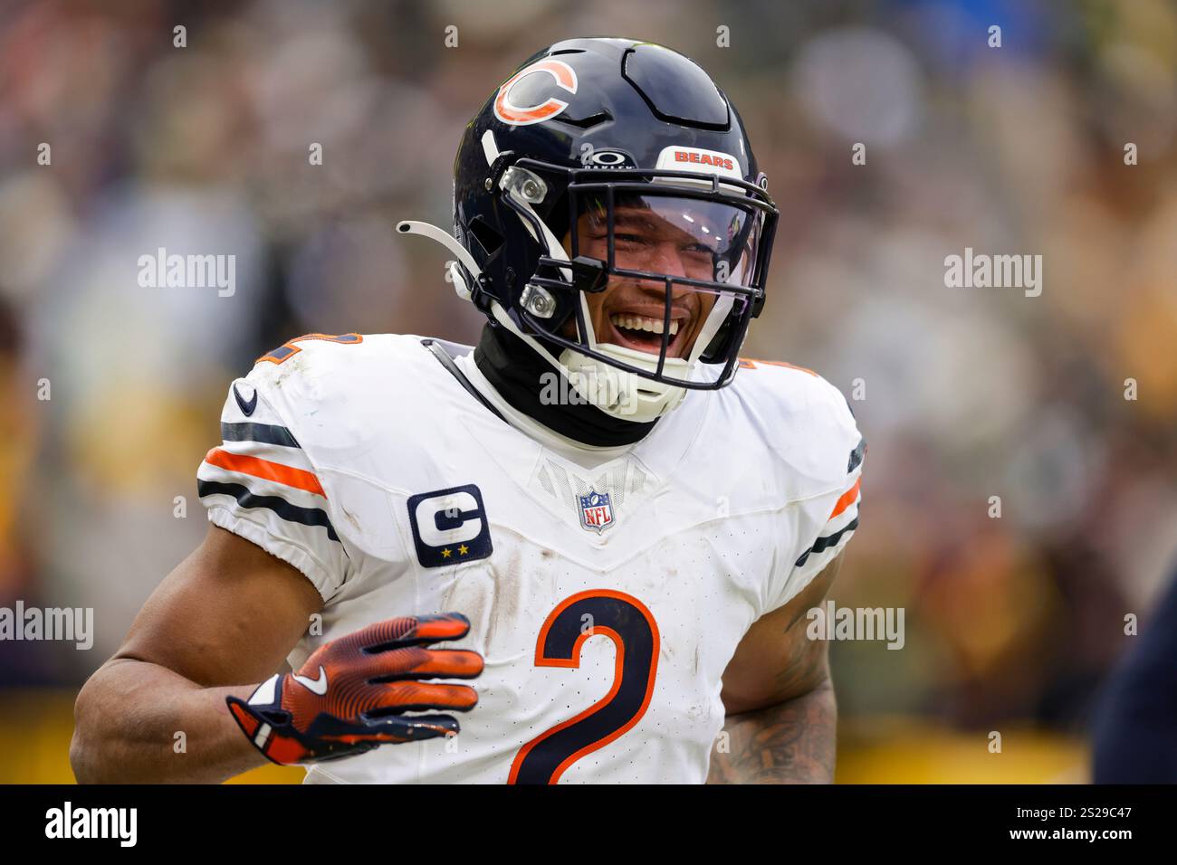 Chicago Bears wide receiver DJ Moore (2) reacts after scoring a touchdown during an NFL football ...