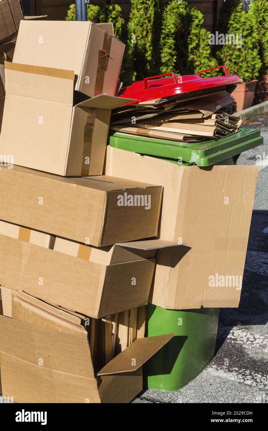 Empty cartons of packaging are waiting to be taken to the waste paper ...