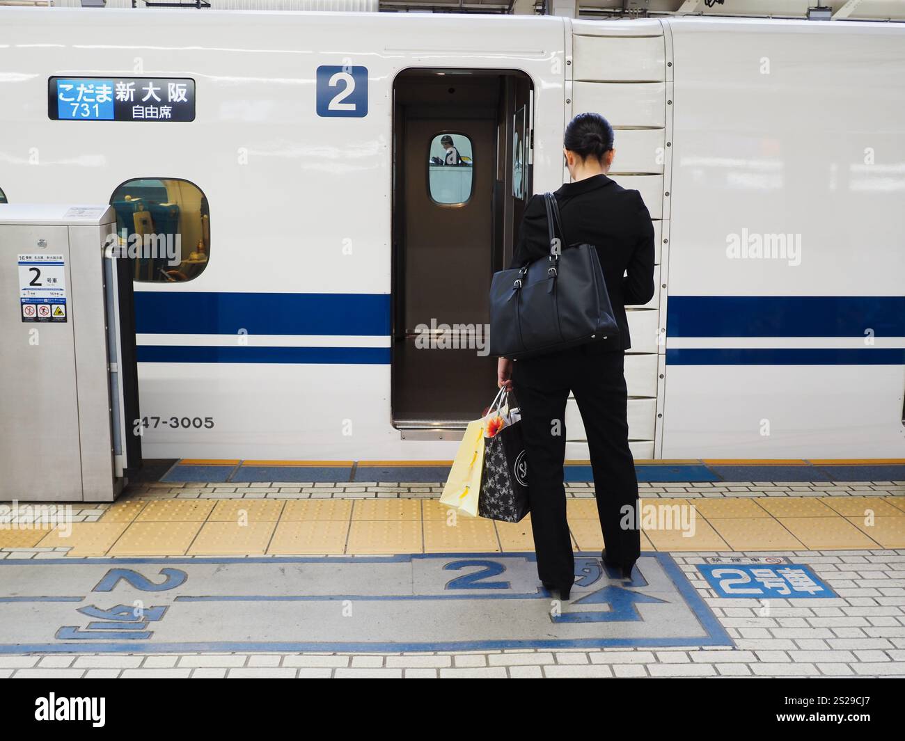 TOKYO, JAPAN - October 29, 2024: Passenger waiting on a platform by shinkansen bullet train at ...