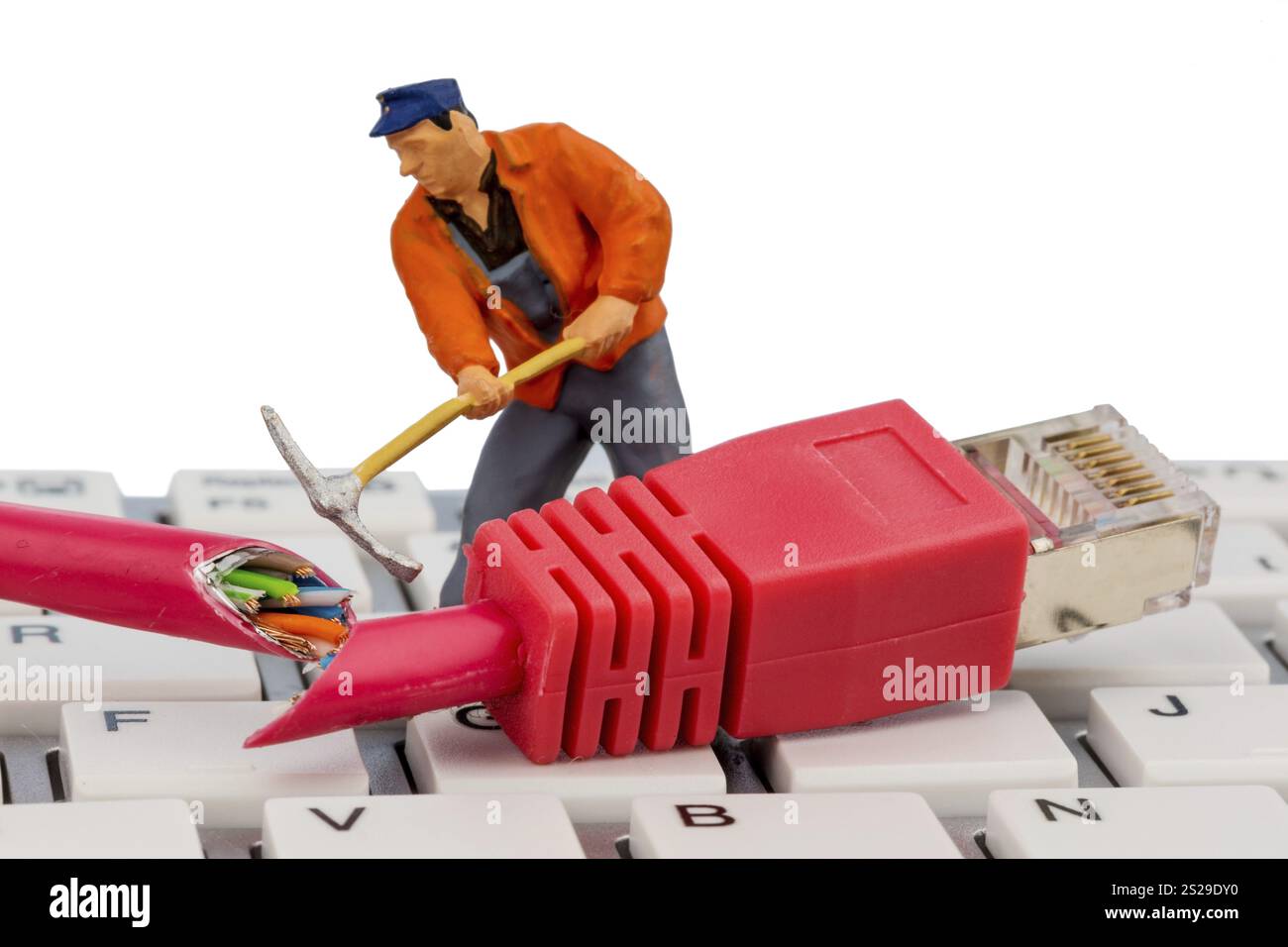 Worker, network plug, keyboard, symbol photo for Internet, malfunction ...