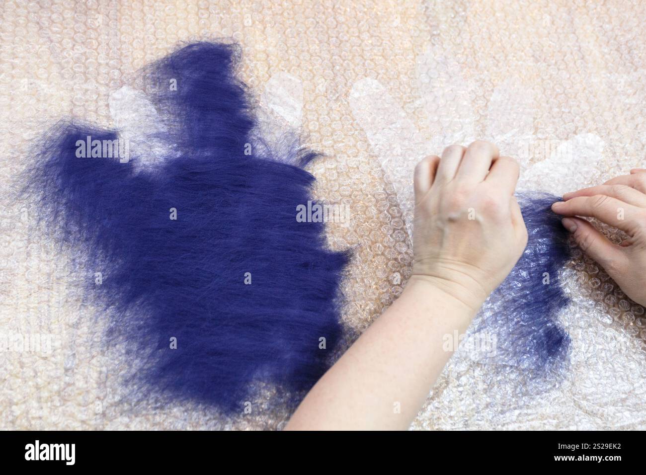 workshop of hand making a fleece gloves from blue Merino sheep wool ...