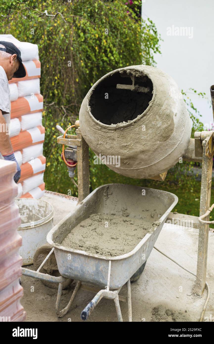 The new construction of a company building. Mixing machine and sliding ...