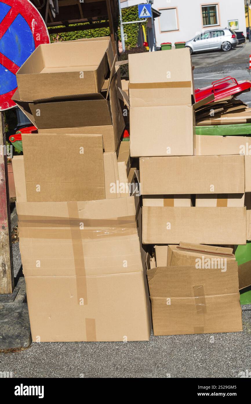 Empty cartons of packaging are waiting to be taken to the waste paper ...