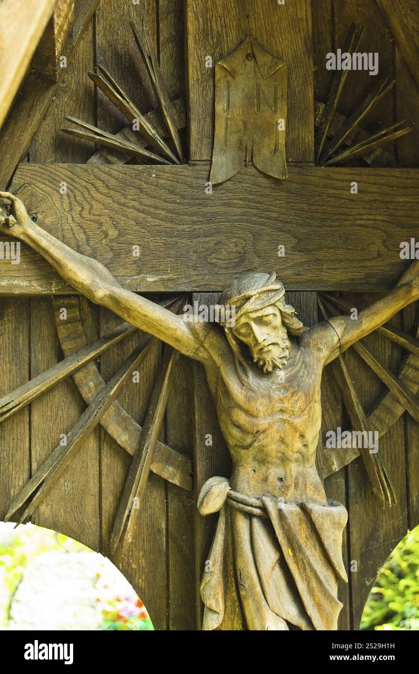The crucifixion of Jesus Christ on the cross of a tomb Austria Stock ...