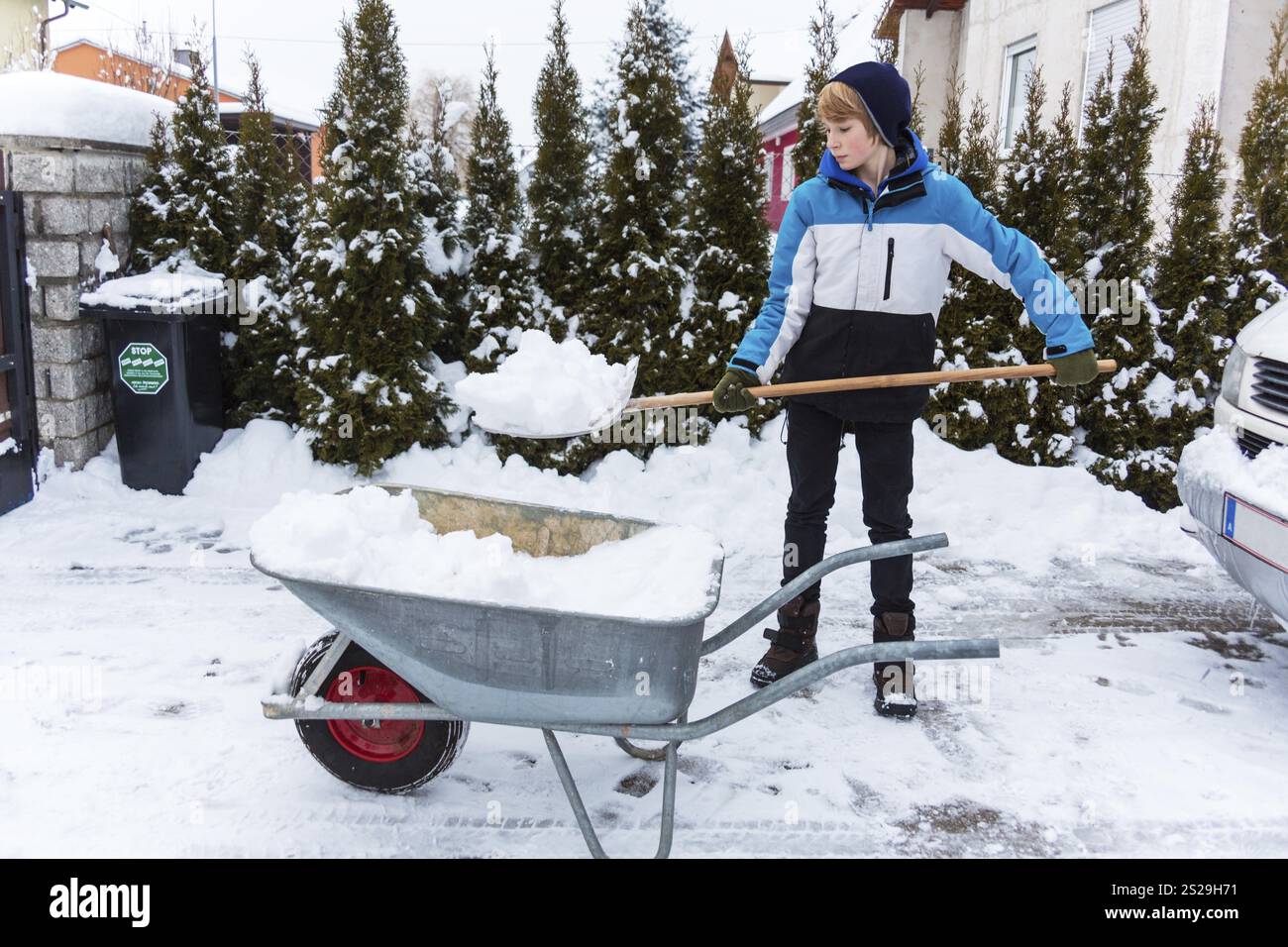 A teenager shovels the new snow from a path. Onset of winter in Austria ...