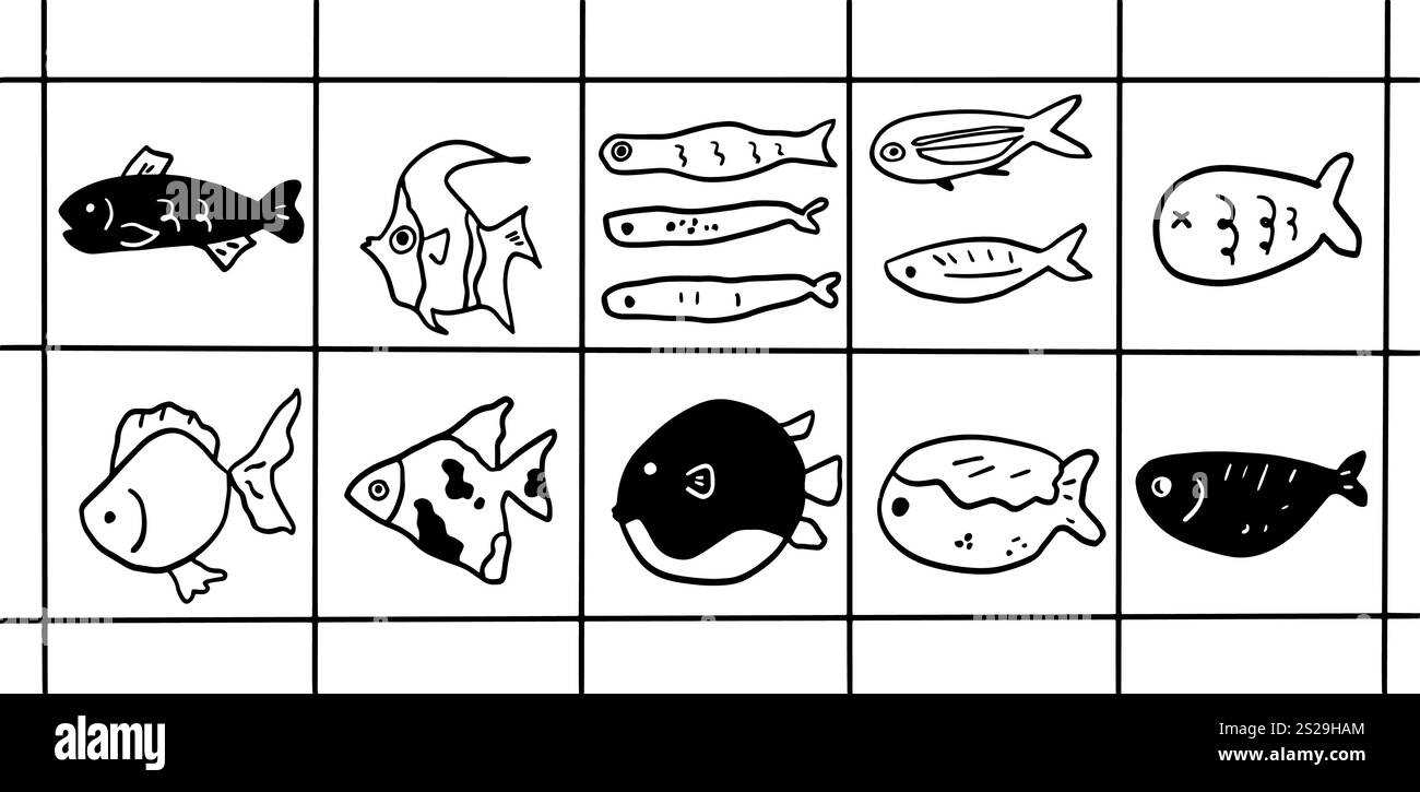 Fish Illustration Set | Minimalist Doodle Vector for Aquatic and Marine ...