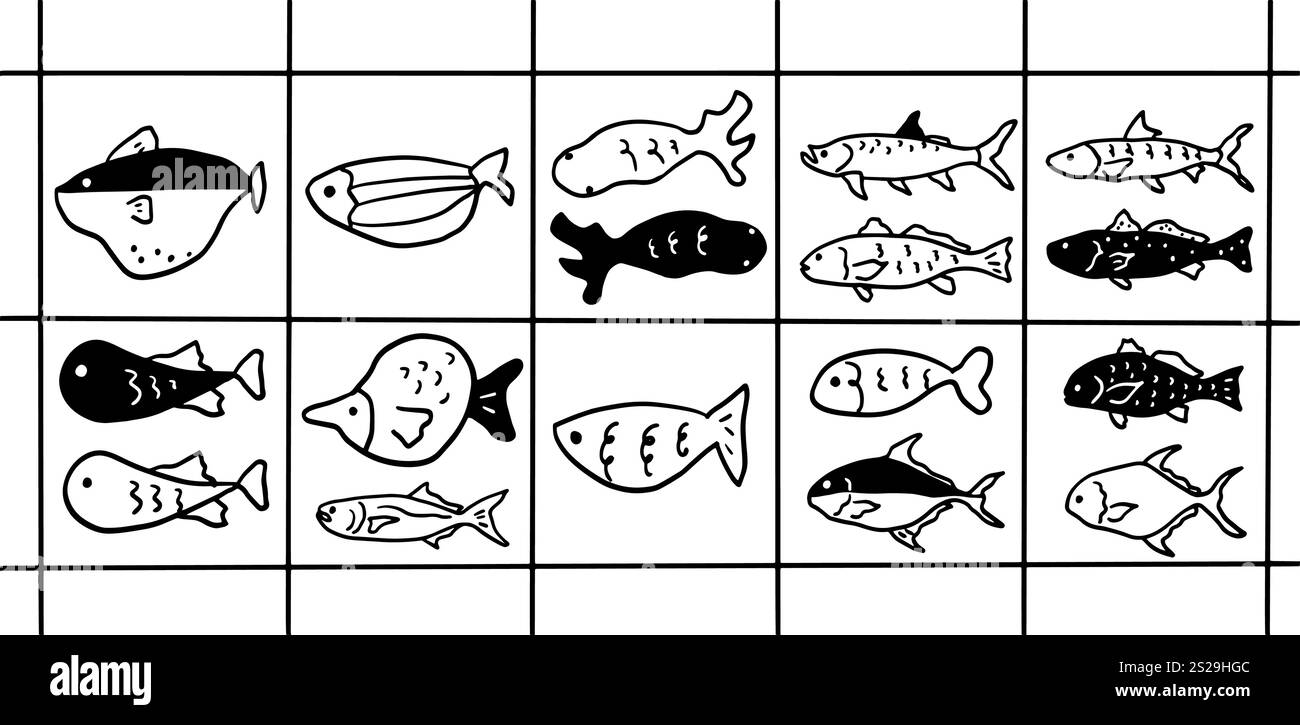 Fish Illustration Set | Minimalist Doodle Vector for Aquatic and Marine ...