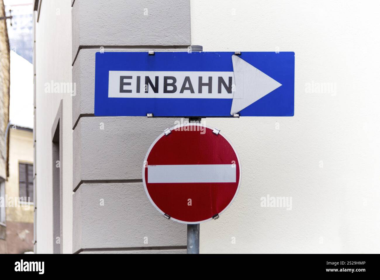 One-way street, two traffic signs, symbolic photo for traffic ...