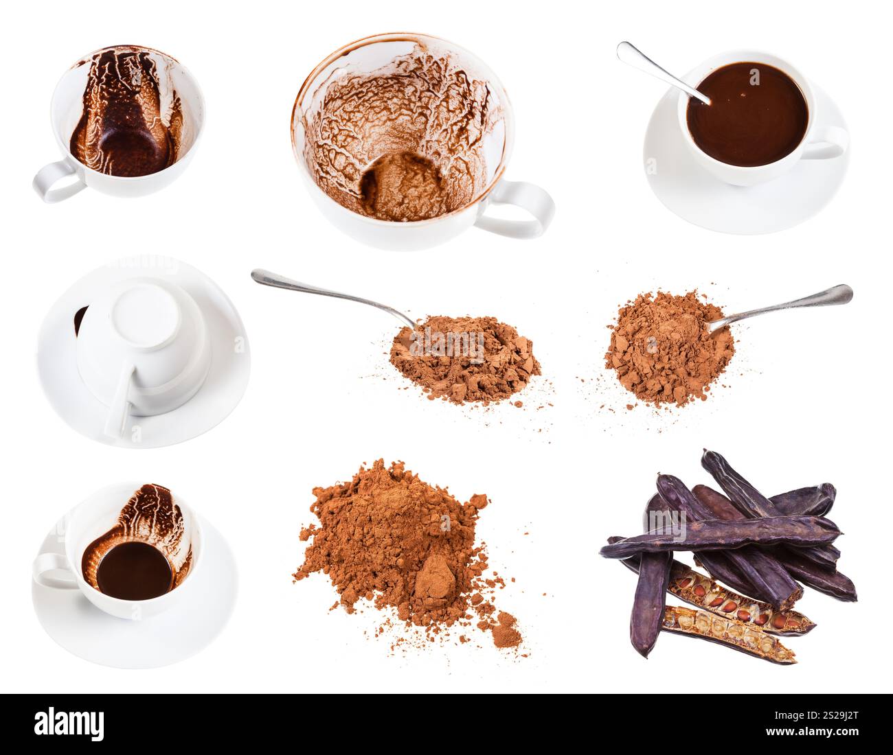 set from carob pods, ground powder, drinks and sediments isolated on ...