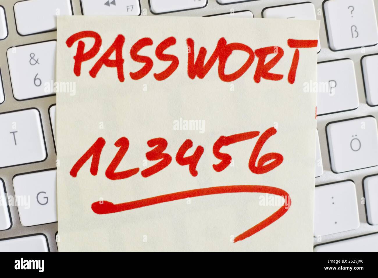 A note on the keyboard of a computer as a reminder: Password 123456 ...
