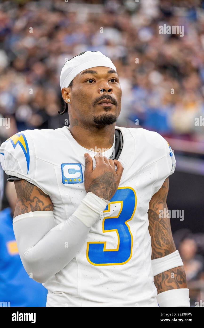 Los Angeles Chargers safety Derwin James, Jr. (3) stands for the ...