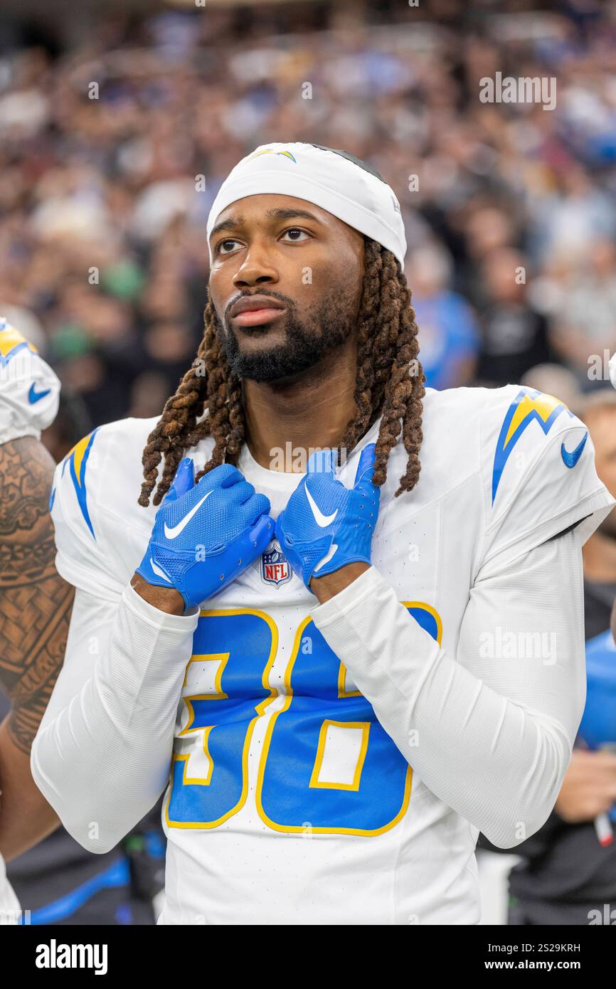 Los Angeles Chargers defensive back Ja'Sir Taylor (36) stands for the ...