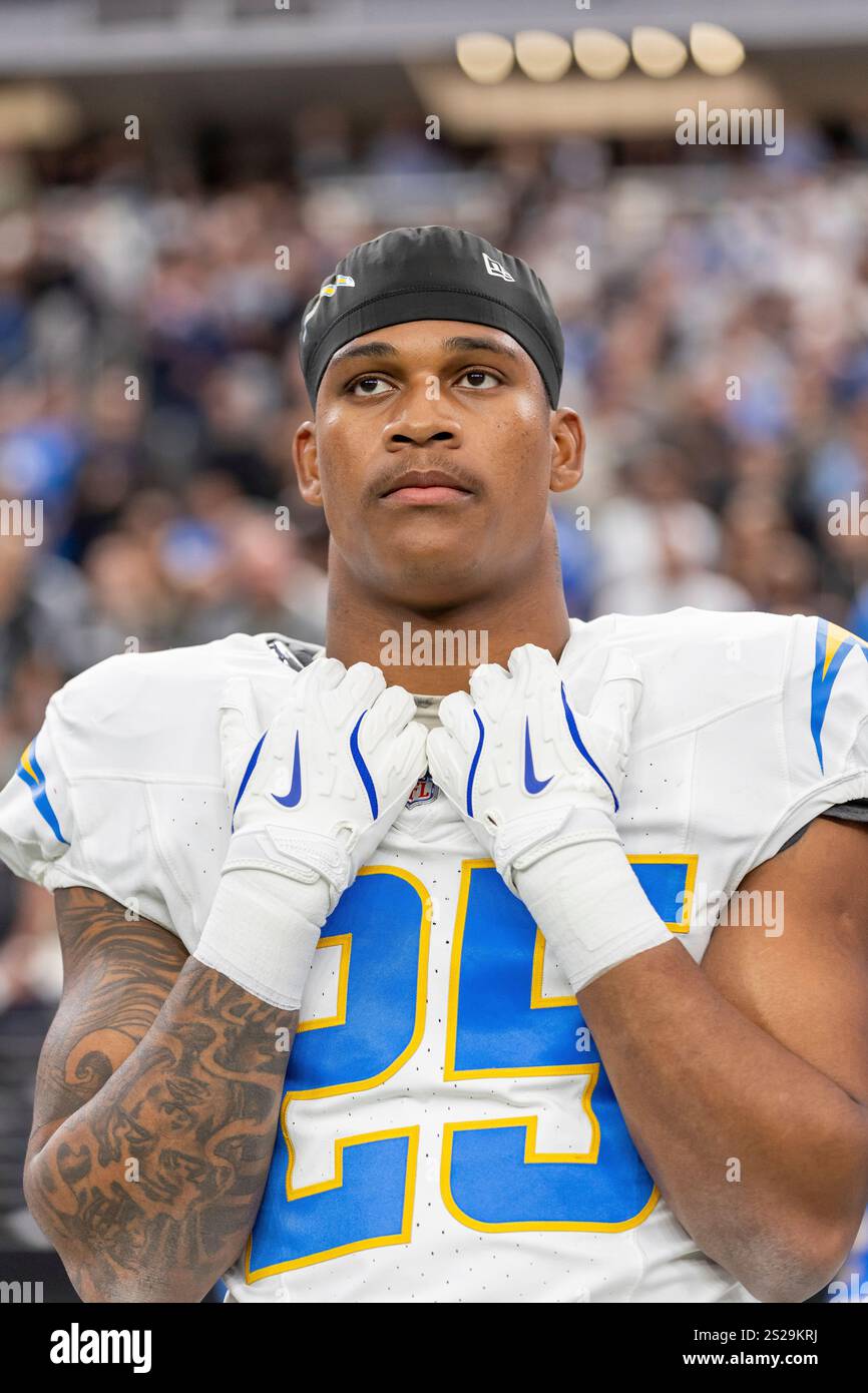 Los Angeles Chargers linebacker Junior Colson (25) stands for the ...