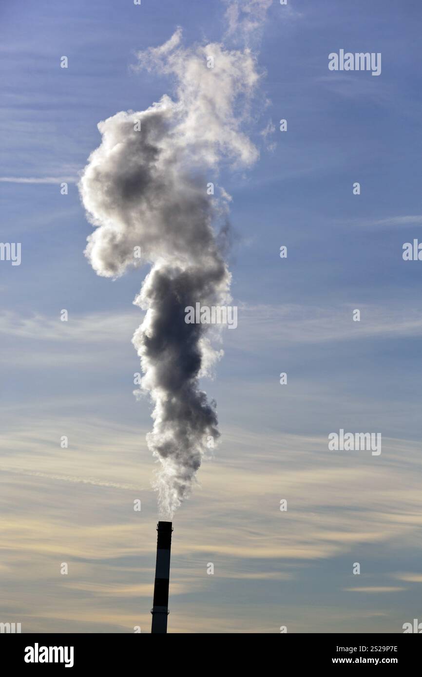 The smoking chimneys of a factory against a blue sky. White smoke rises ...