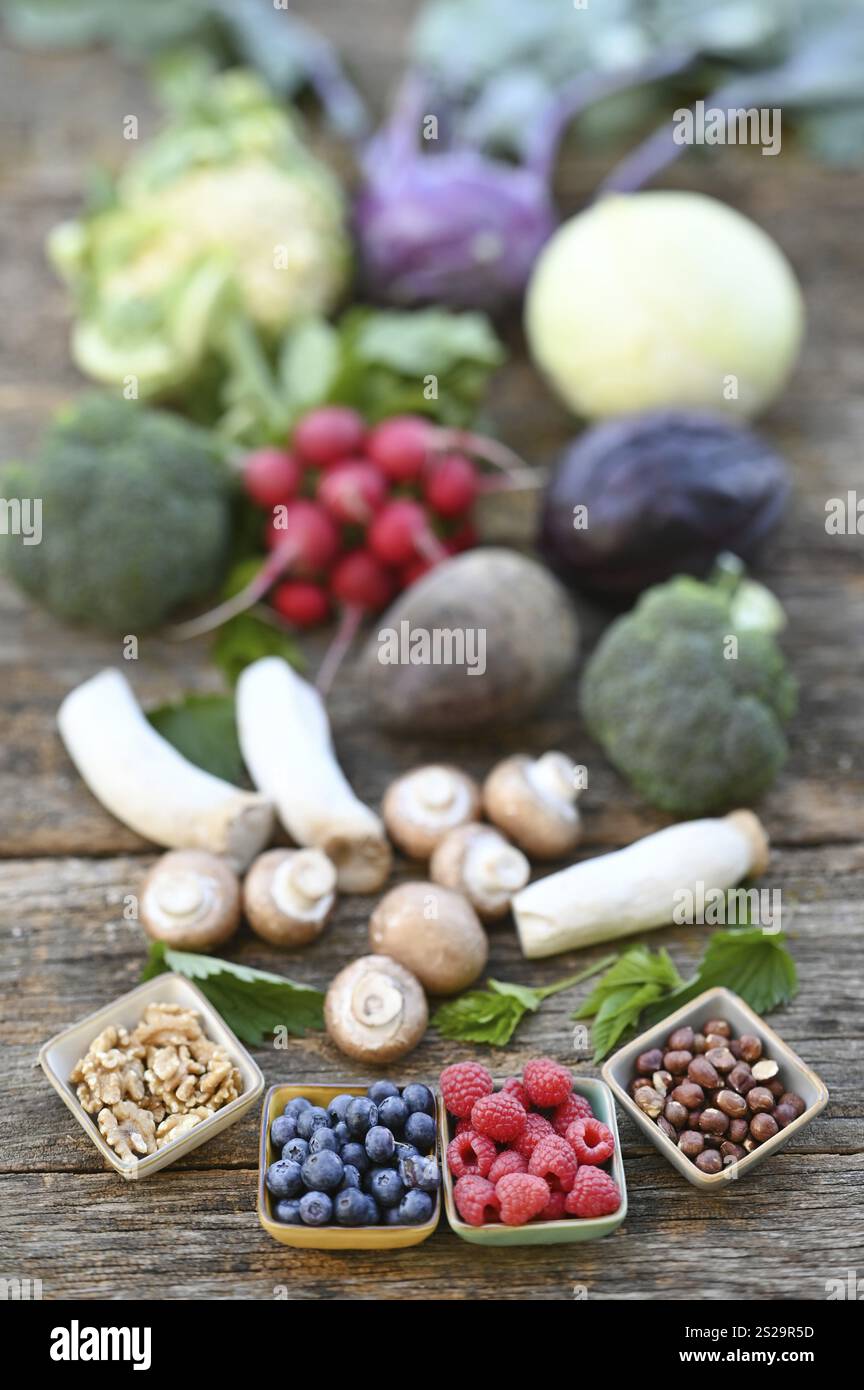 Healthy food, berries, cabbage, radishes, king oyster mushrooms ...