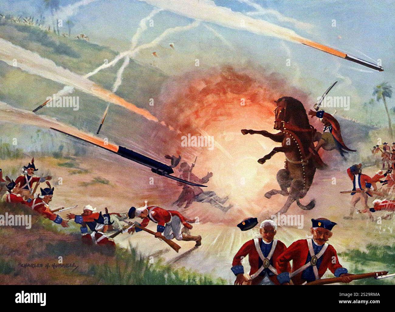 A depiction of the use of rockets in the Battle of Pollilur during the ...
