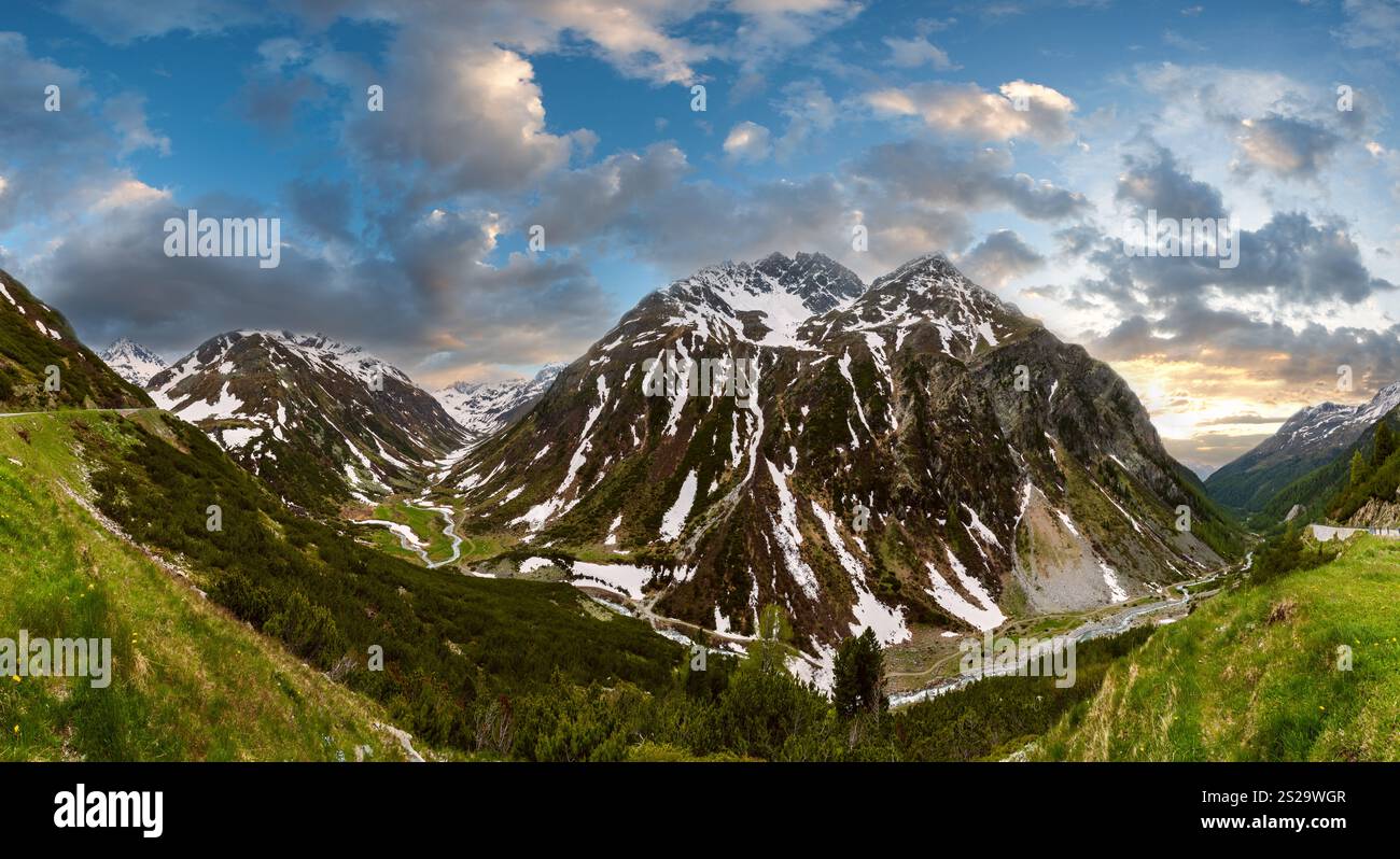 Summer Alps mountain sunset landscape with alpine road and river ...