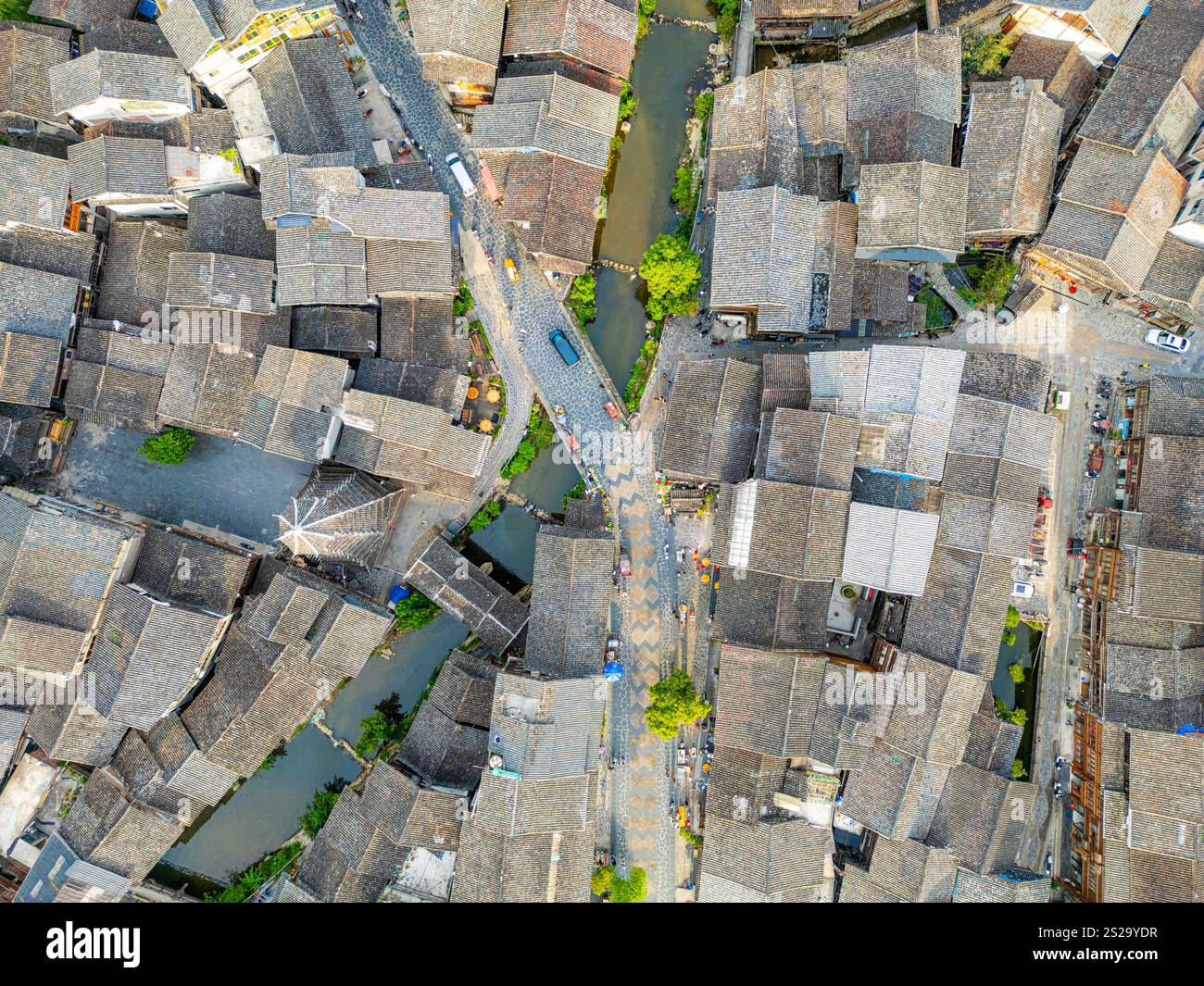 Aerial of the drum tower at Zhaoxing Dong Village in Liping County ...