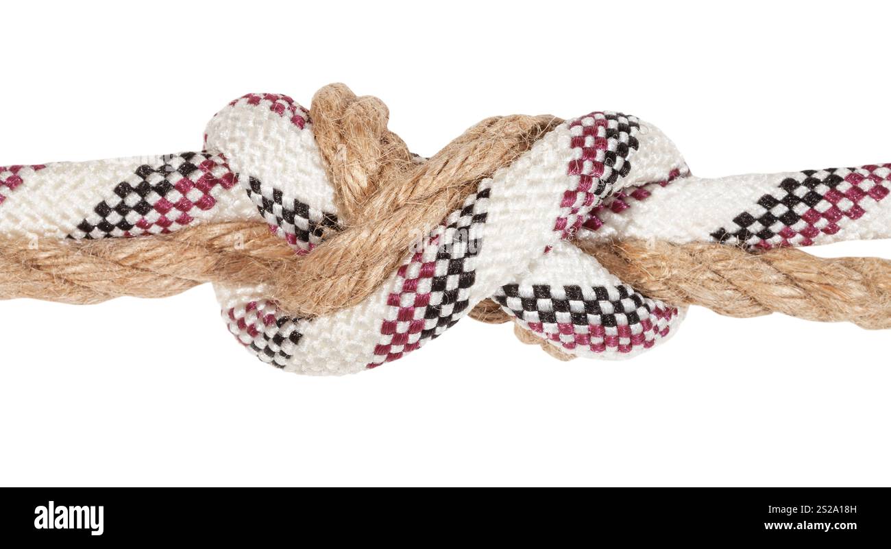 Ring Knot (Water Knot) joining two ropes close up isolated on white ...