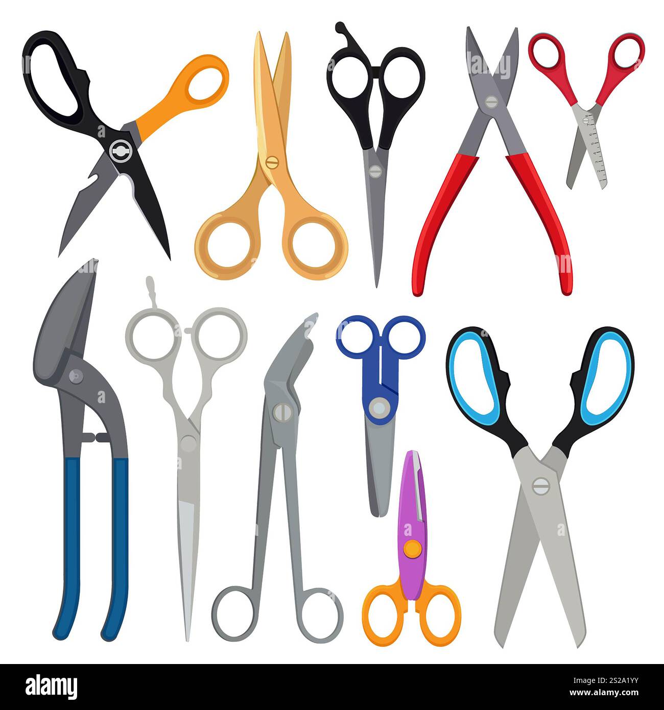 Vector illustrations of different types of scissors. Tools object for ...