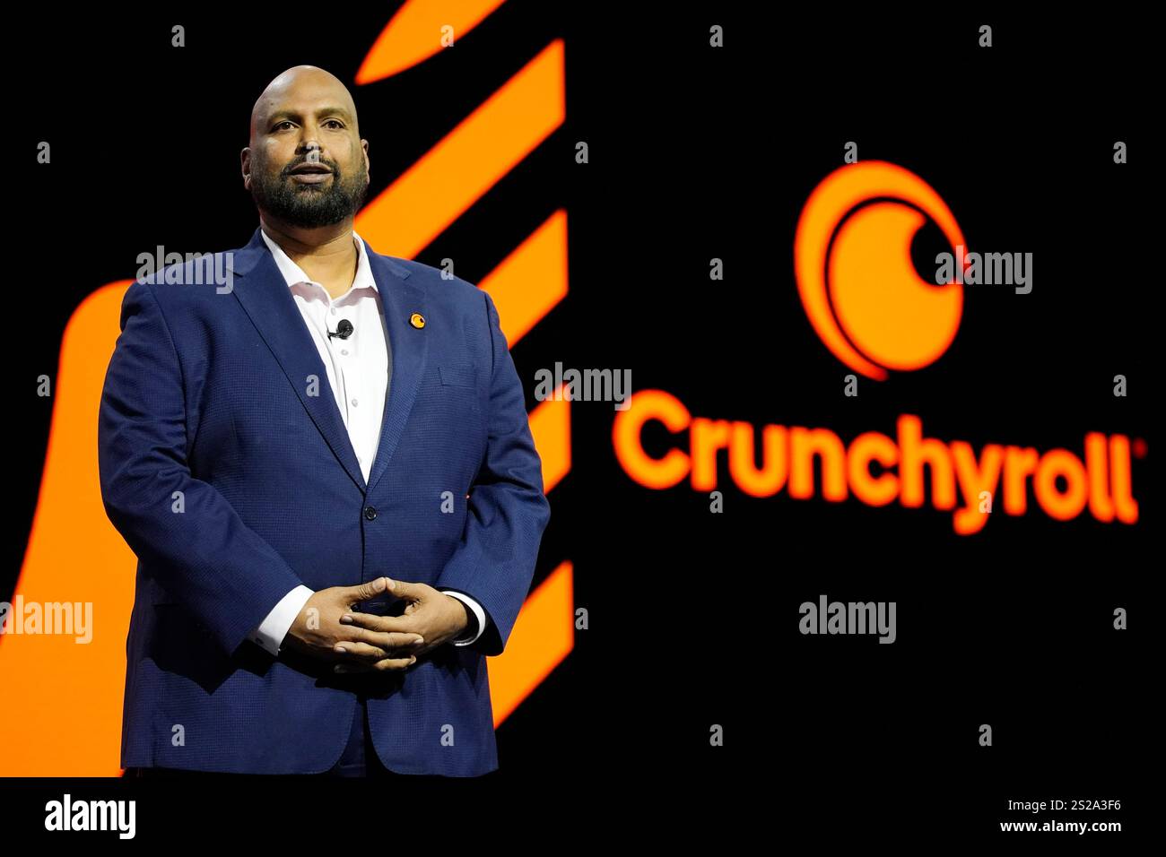 Rahul Purini, president of Crunchyroll, speaks during a Sony news ...
