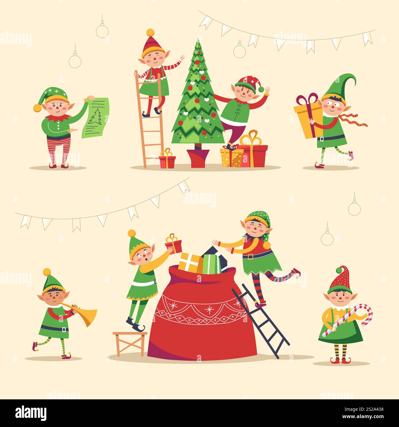 Christmas winter holiday, elves getting ready for holiday vector ...
