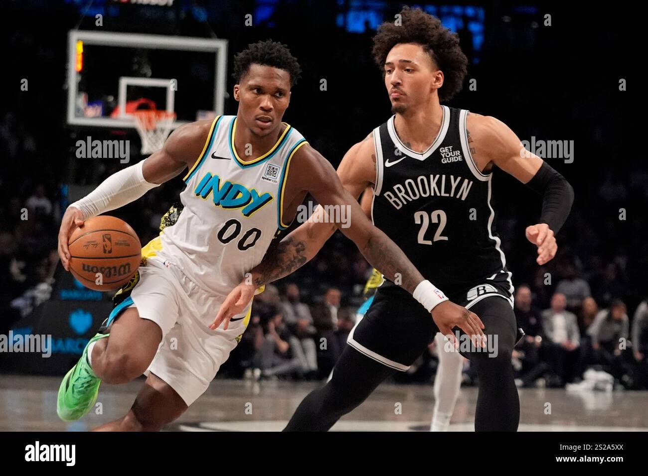 Indiana Pacers' Bennedict Mathurin (00) drives past Brooklyn Nets ...