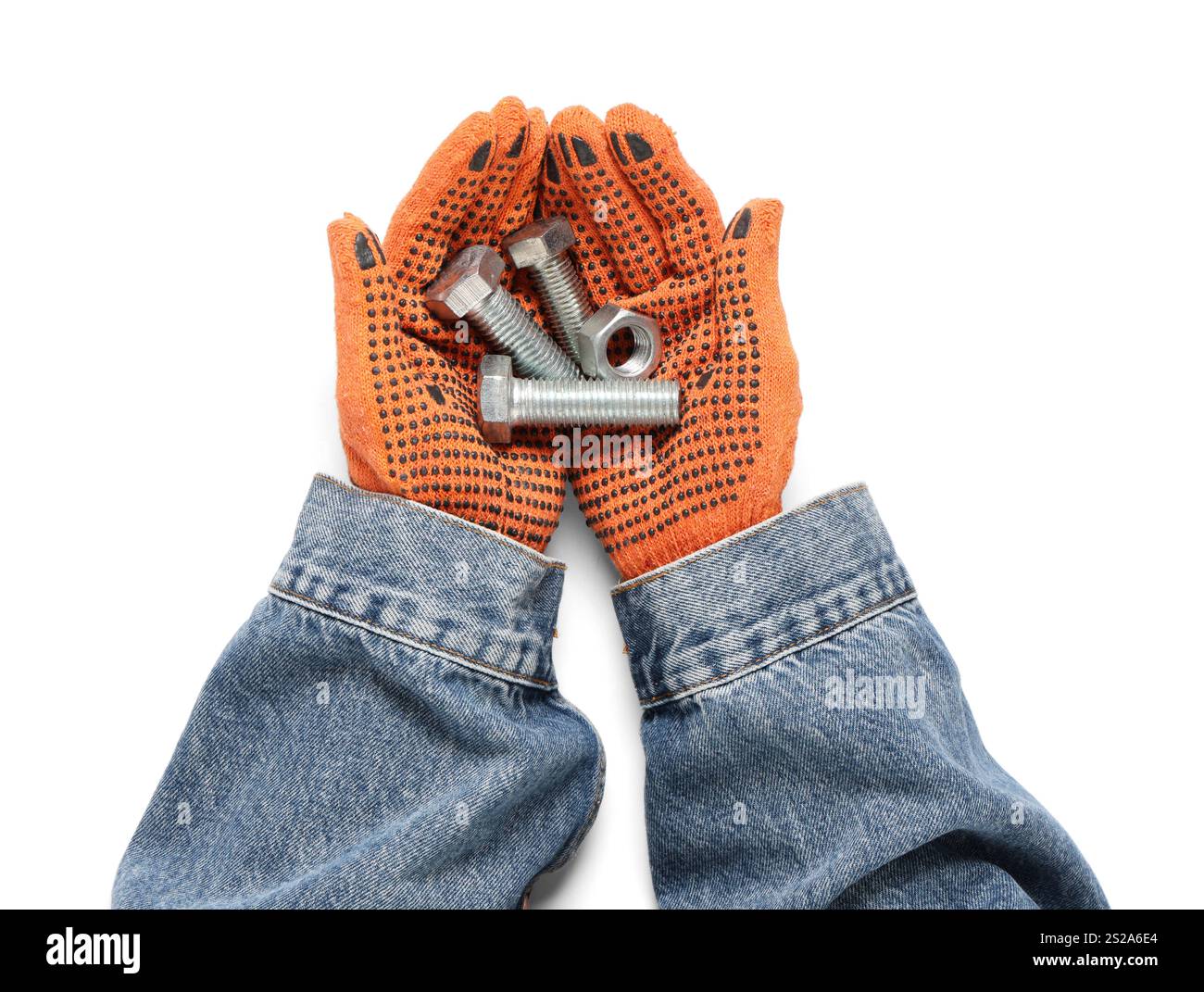 Worker's hands holding large bolts with nut on white background Stock ...