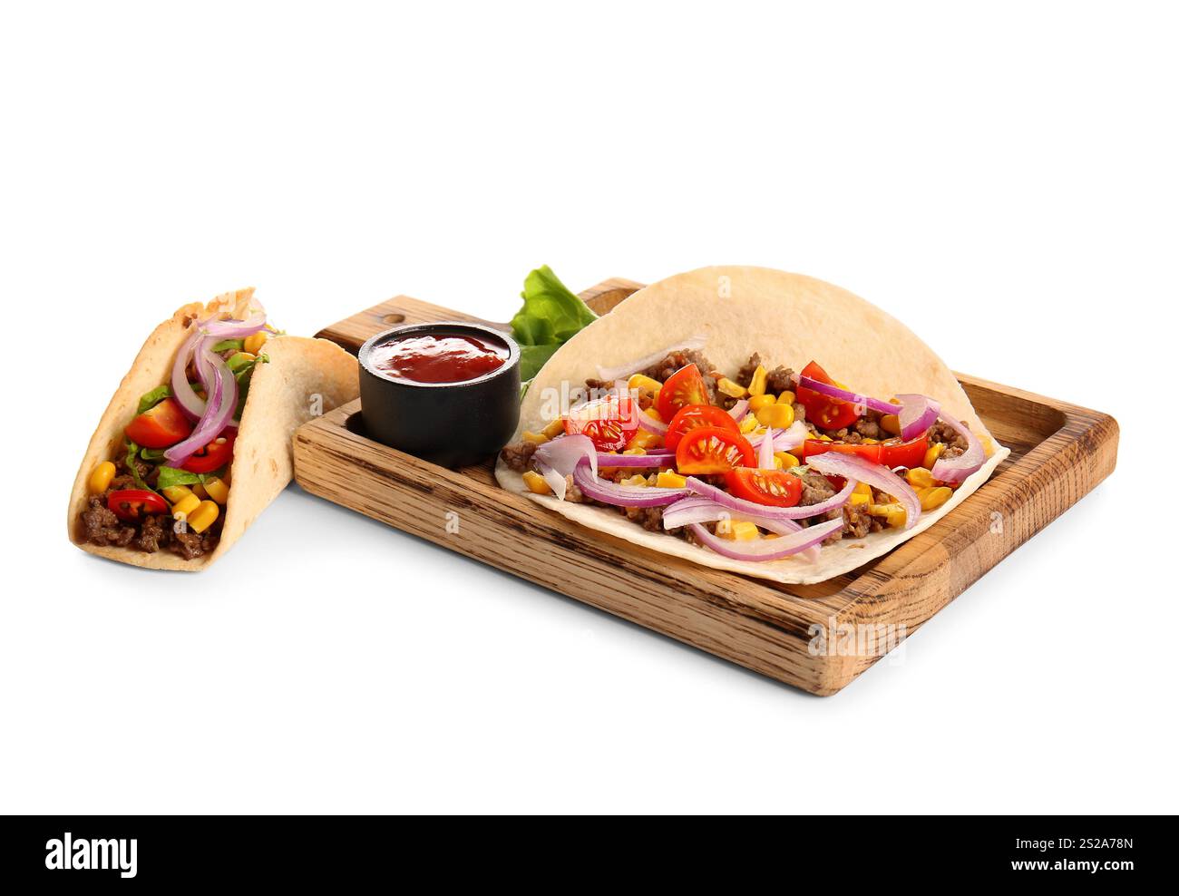 Wooden tray with tasty fresh tacos and ingredients isolated on white ...