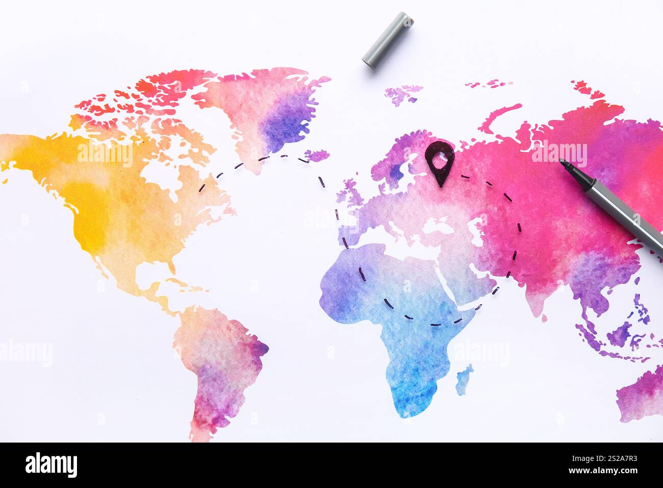 World map with drawn route, top view. Itinerary concept Stock Photo - Alamy